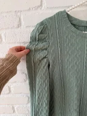 SHEIN | Tops | Shein Sage Green Cable Knit Puffsleeve Sweater Top ...